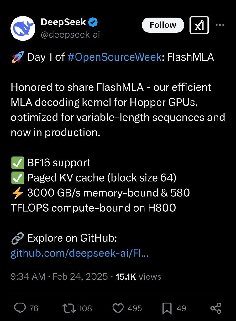 DeepSeek 开源 Hopper GPU 加速的 MLA 解码内核 FlashMLA，项目一日 Star 数破千 - AI资讯 - 冷月清谈