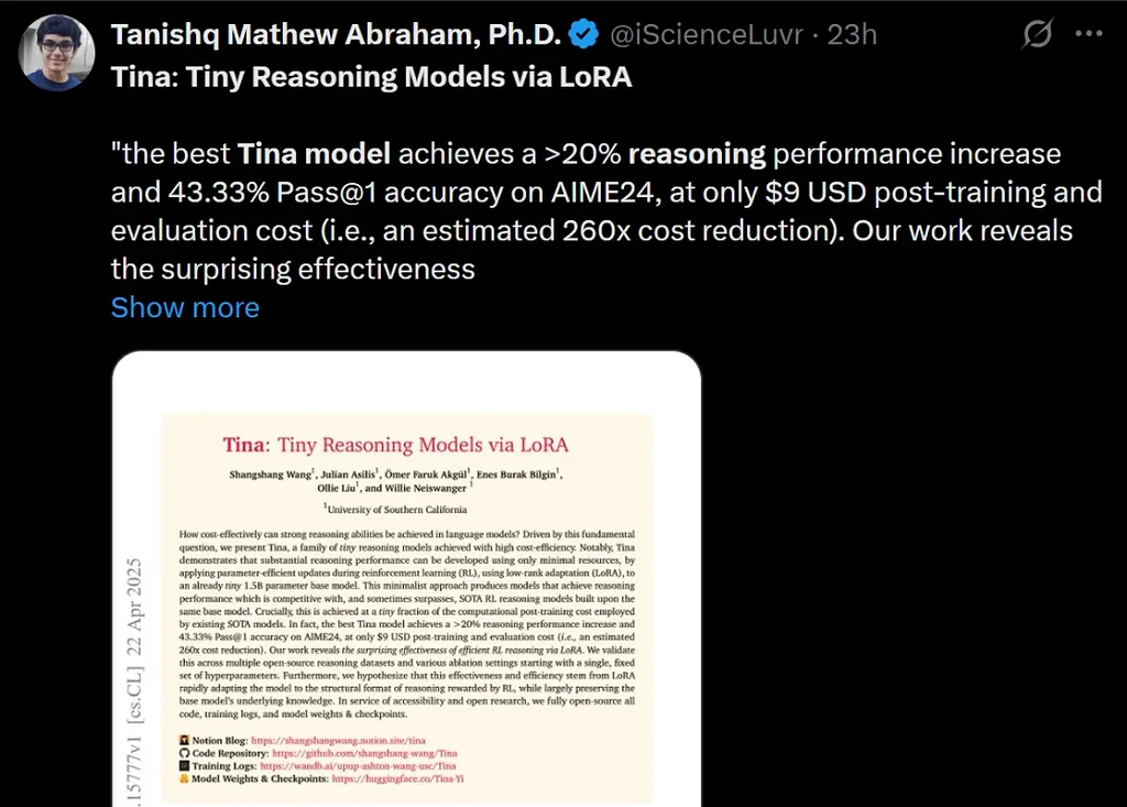 9美元提升20%推理能力？LoRA加持的小模型Tina惊艳亮相 - AI资讯 - 冷月清谈