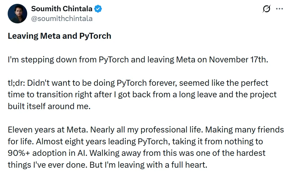 PyTorch之父Soumith Chintala告别Meta，11年征程落幕开启新篇章 - AI资讯 - 冷月清谈